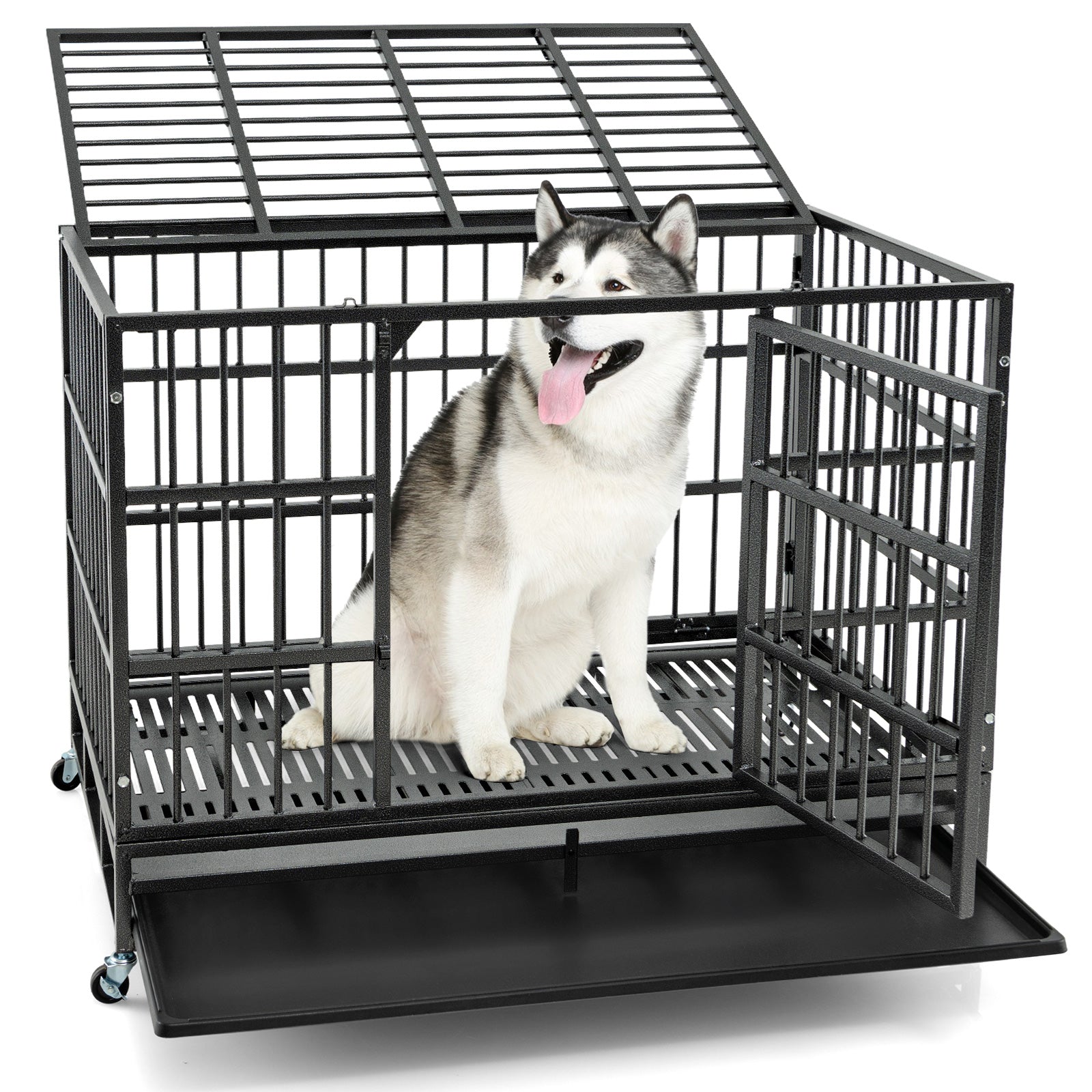 Metal Dog Cage Foldable with Double Door and Wheels – TidySpaces