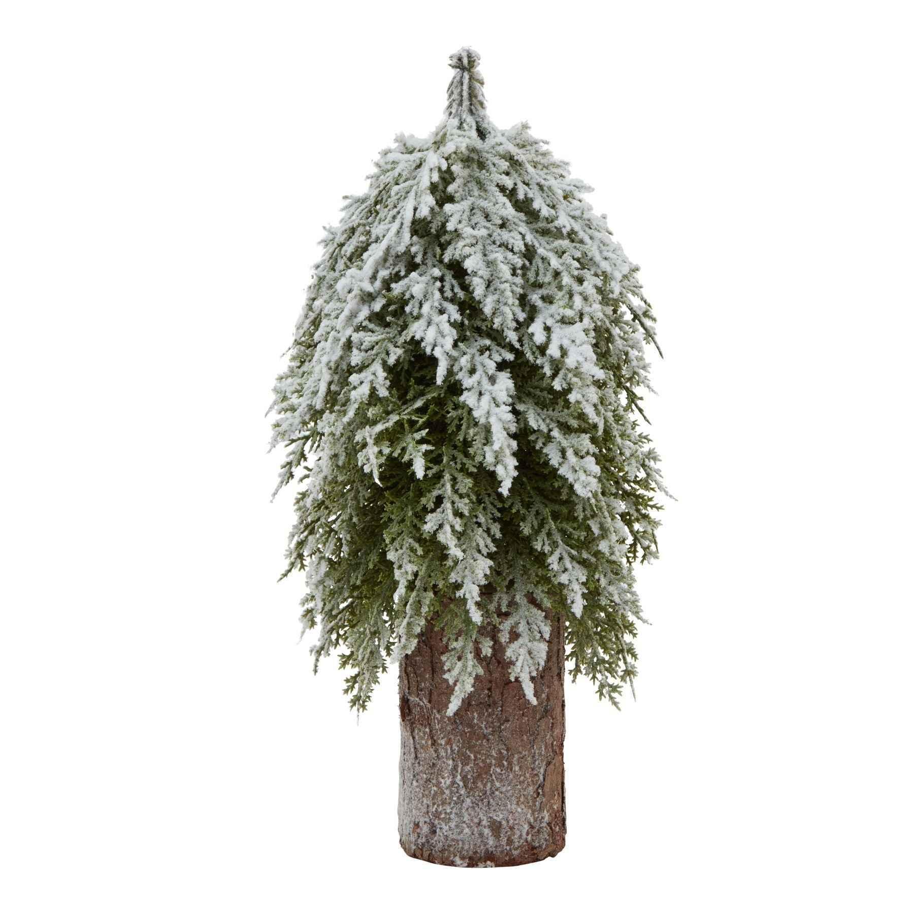 Small Snowy Fir Tree On Tall Wood Log – TidySpaces