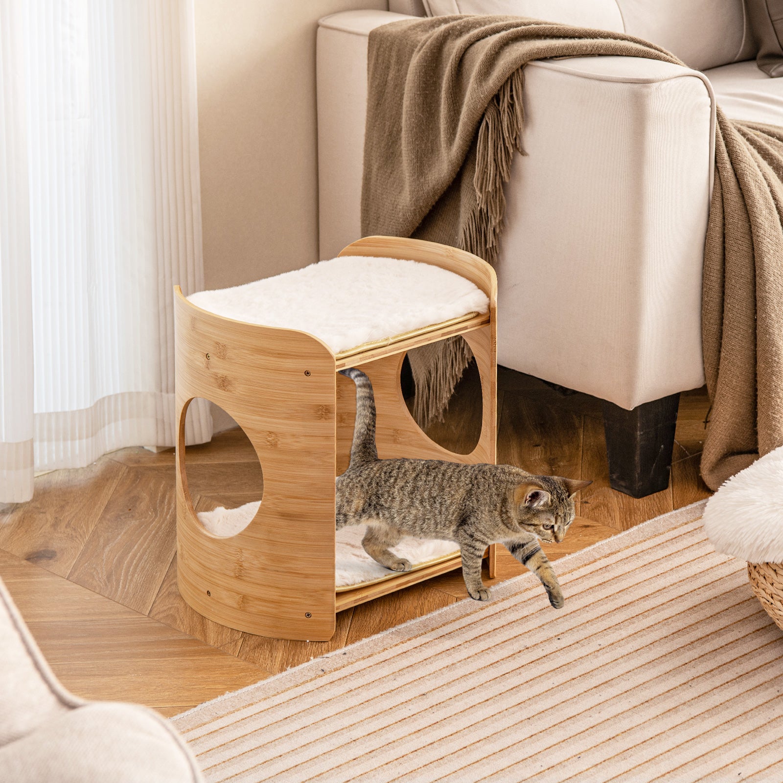 2-Tier Elevated Cat Bed Cat Tower with Natural Bamboo Frame-Natural ...
