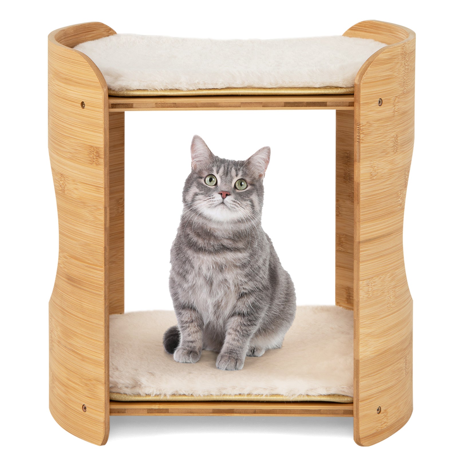 2-Tier Elevated Cat Bed Cat Tower with Natural Bamboo Frame-Natural ...