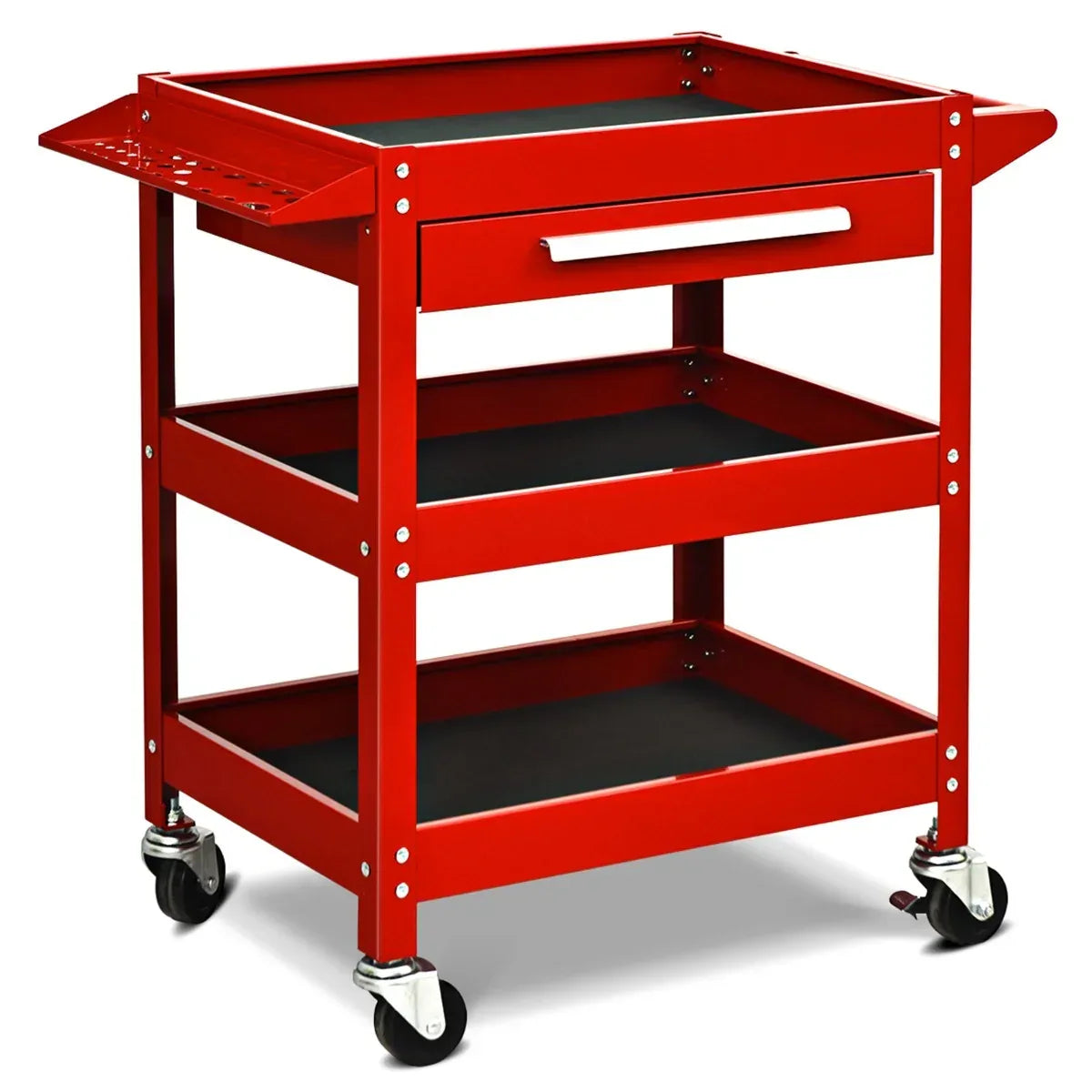 3 Tier Tool Trolley with Drawer and 4 Wheels-Red – TidySpaces
