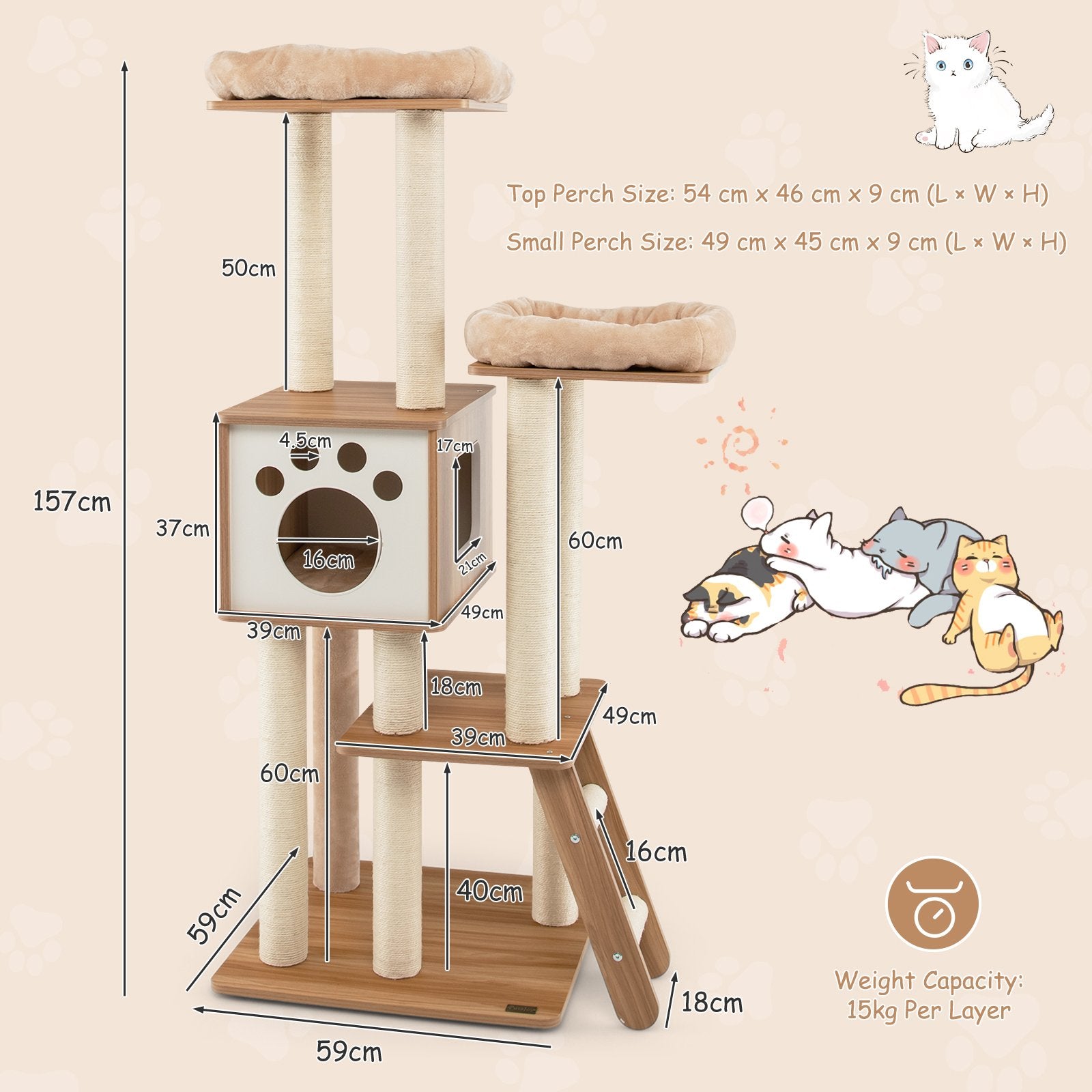 5-Tier Cat Tree Tower with Cando and 2 Padded Plush Perches – TidySpaces