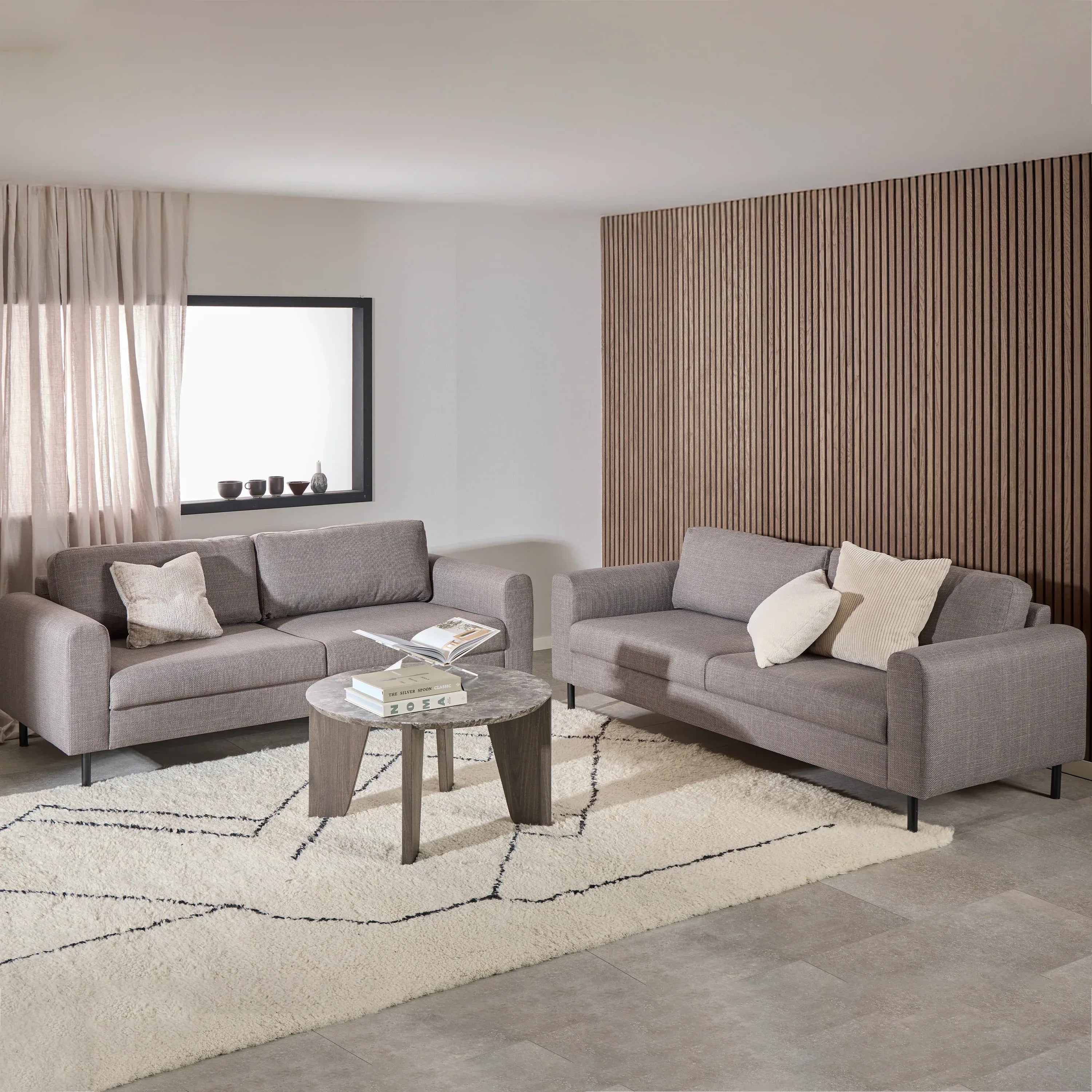 Omaha 3+3-Seater Sofa in Basel Light Grey Brown Fabric, Base Matt Blac ...