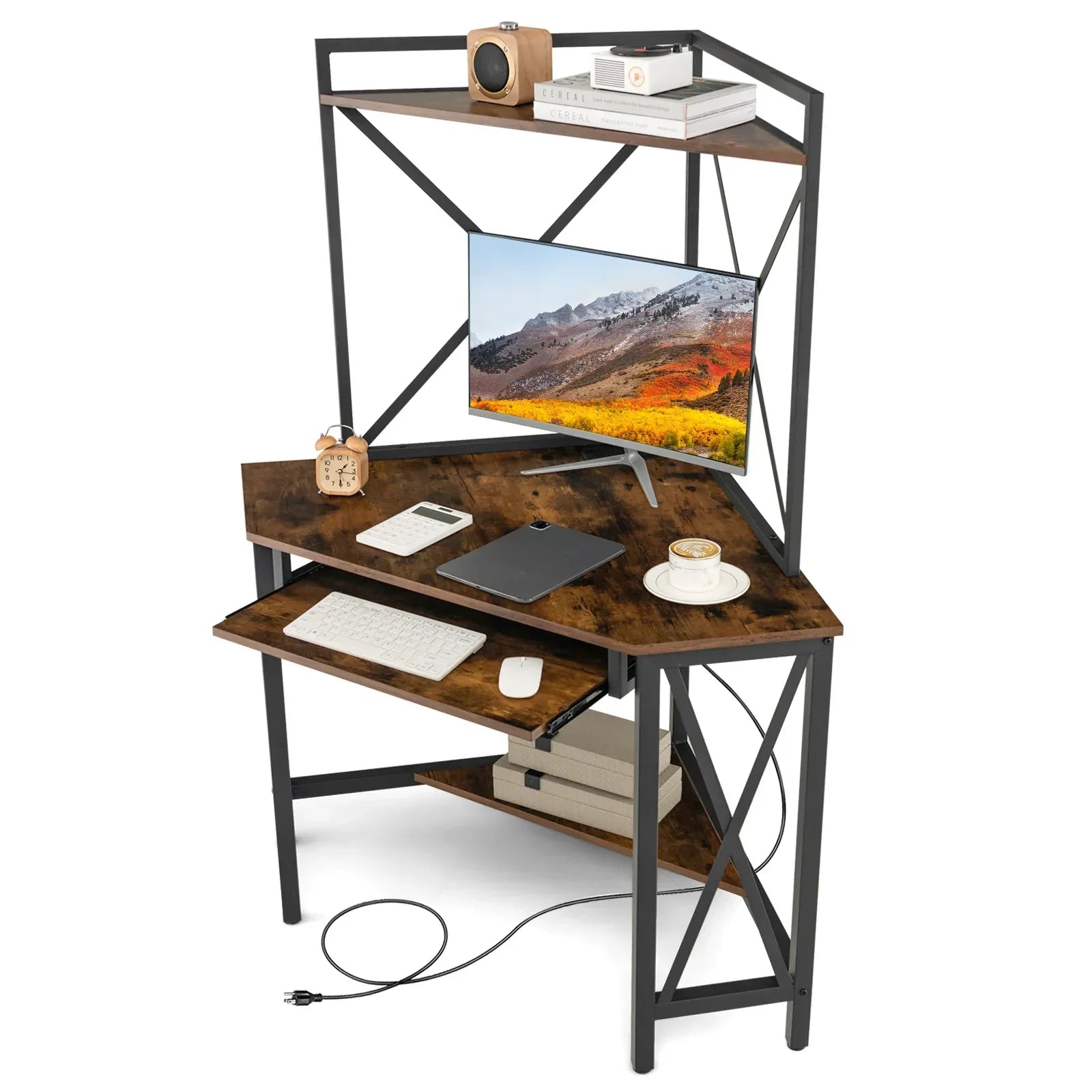 Corner Computer Desk with Hutch Storage Shelves and Keyboard Tray ...