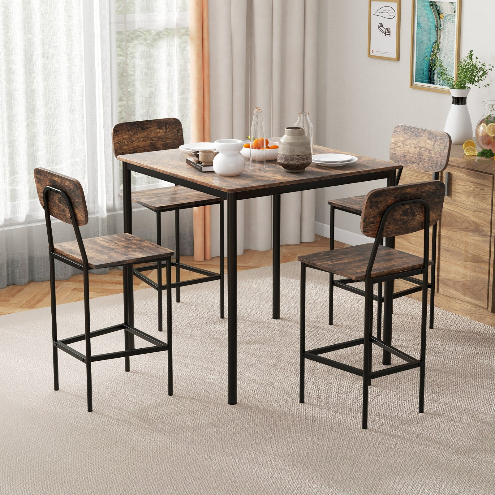 5 Piece Dining Bar Table Set for 4 Counter Height Dining Table and 4 B TidySpaces