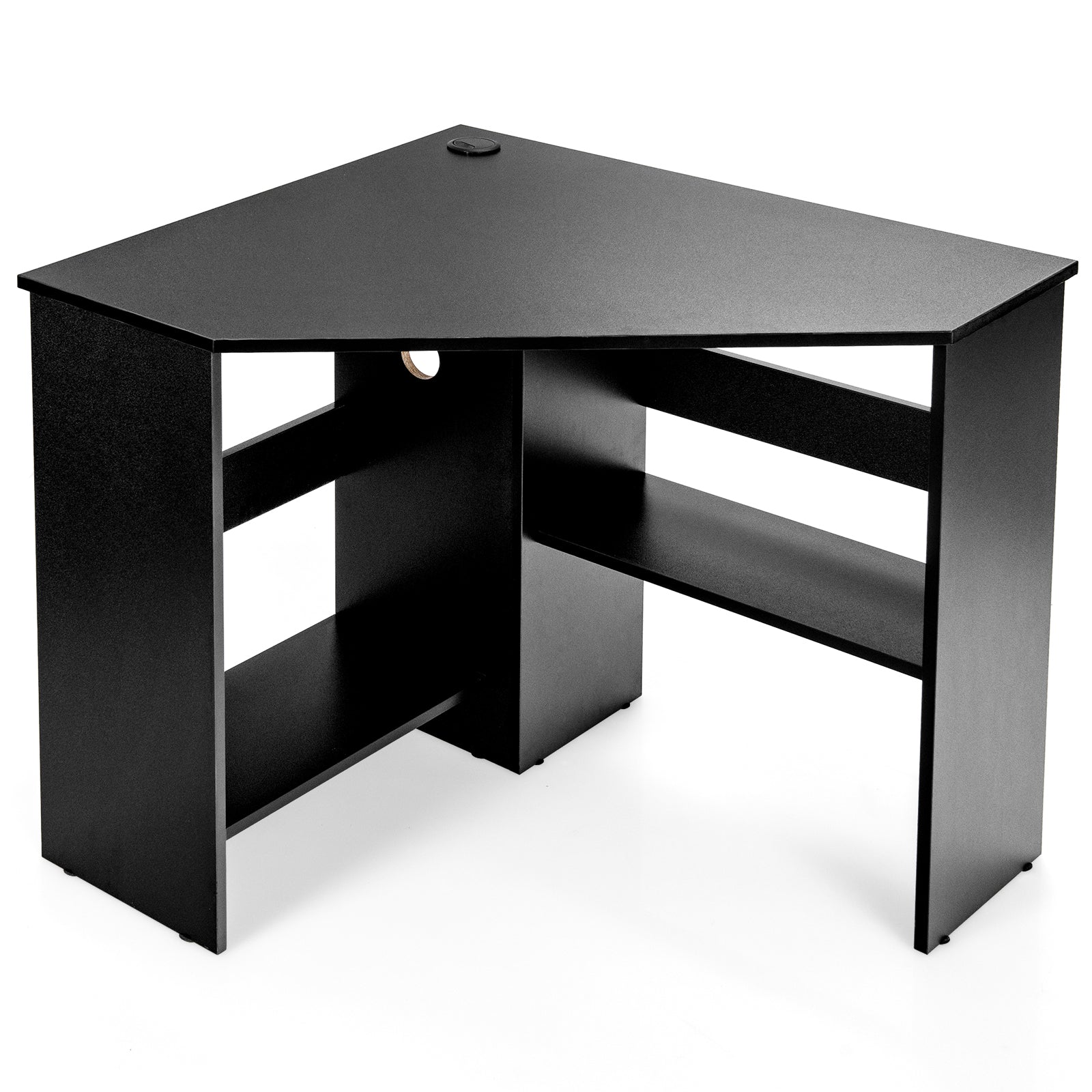 Triangle Corner Computer Desk with Open Shelf and Cable Holes – TidySpaces