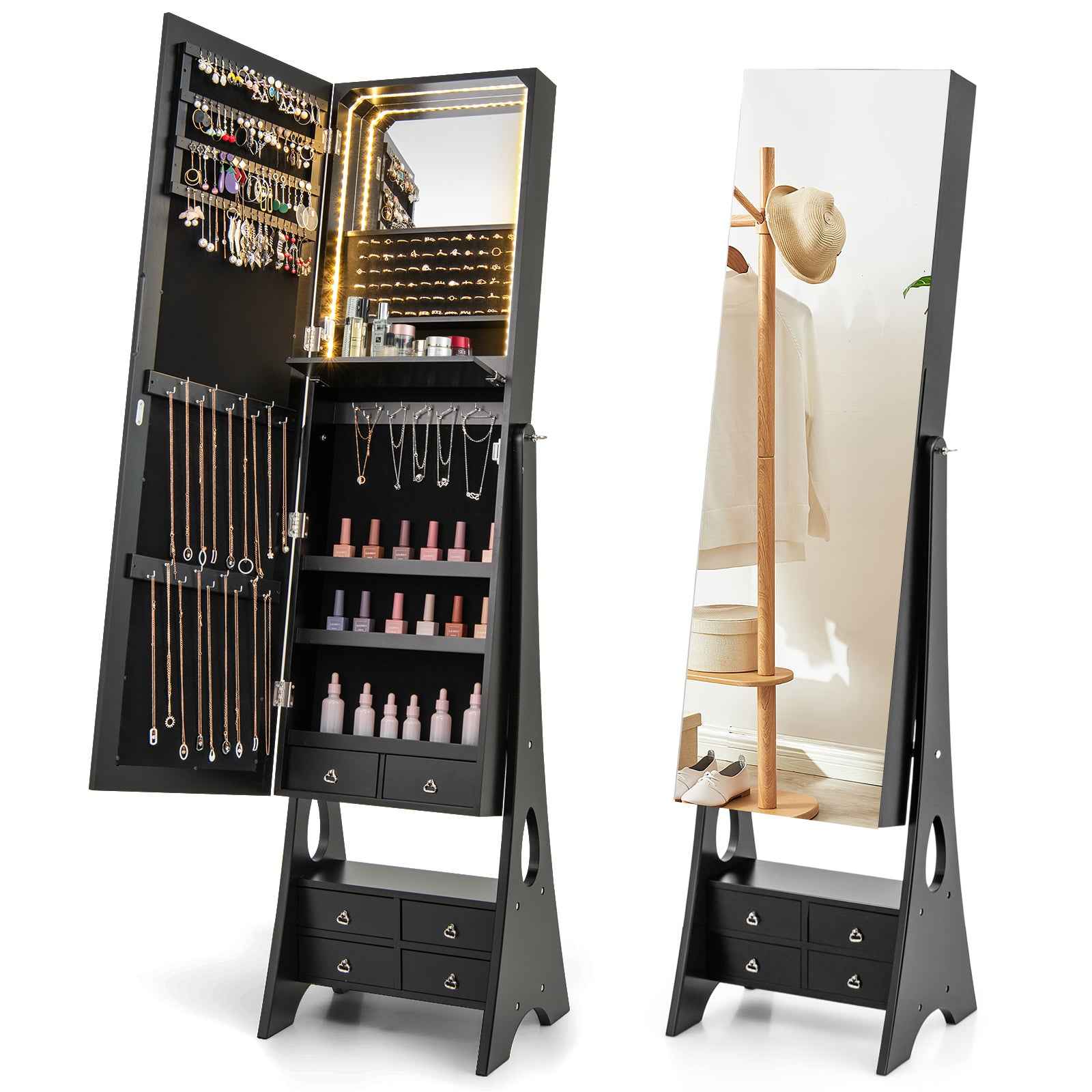 3-Color LED Lighted Jewellery Cabinet with Full-Length Mirror and Adju ...