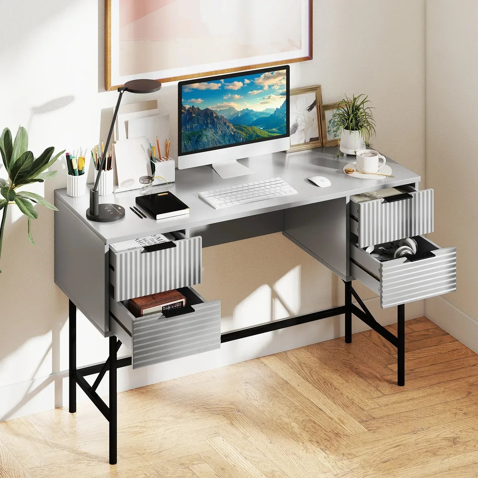 Modern Computer Desk with 4 Drawers and Storage-Grey – TidySpaces