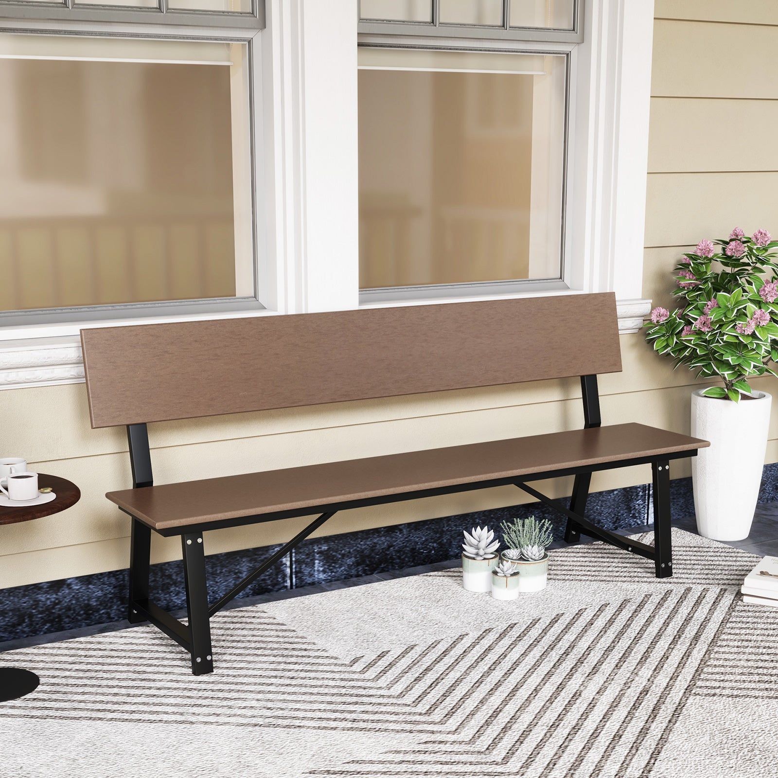 Outdoor Garden Bench with Weatherproof HDPE Backrest and Seat-Brown ...